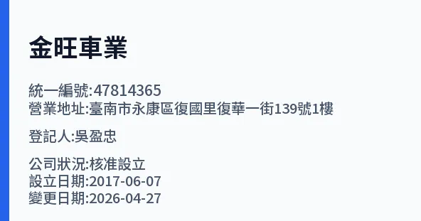 金旺車業的照片-統編 47814365(臺南市) 公司登記資料與營業項目詳細圖表