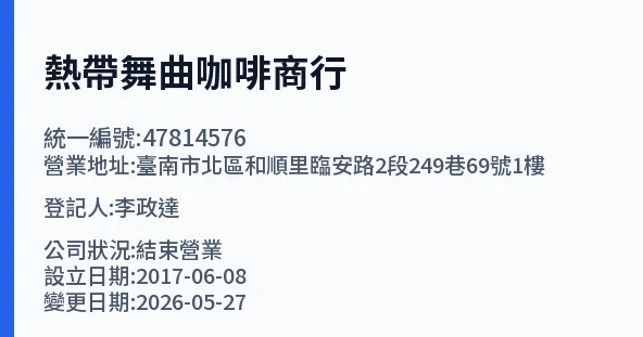 熱帶舞曲咖啡商行的照片-統編 47814576(臺南市) 公司登記資料與營業項目詳細圖表