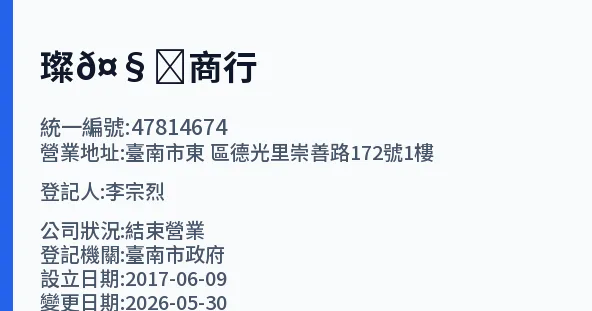 璨𤧞商行的照片-統編 47814674(臺南市) 公司登記資料與營業項目詳細圖表