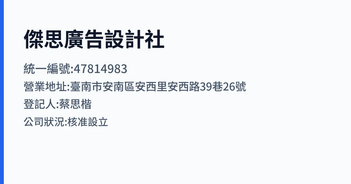 傑思廣告設計社 - 統編 47814983（臺南市） 公司登記資料與營業項目詳細圖表