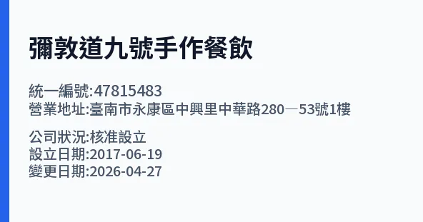 彌敦道九號手作餐飲的照片-統編 47815483(臺南市) 公司登記資料與營業項目詳細圖表