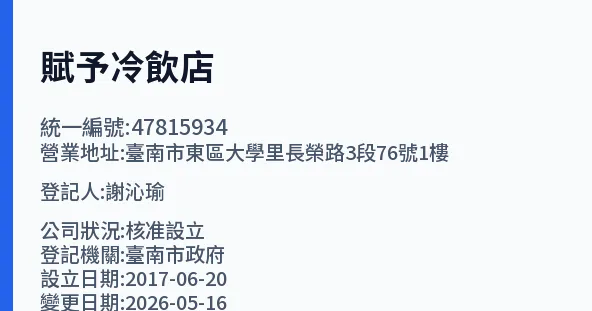 賦予冷飲店的照片-統編 47815934(臺南市) 公司登記資料與營業項目詳細圖表