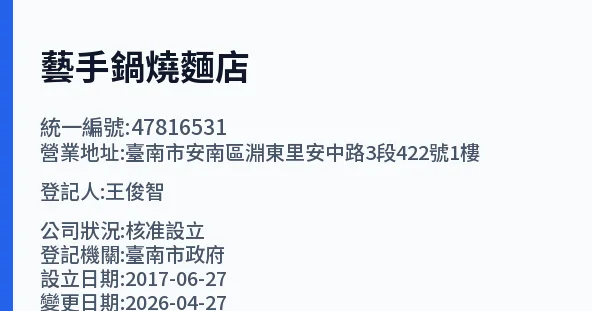 藝手鍋燒麵店的照片-統編 47816531(臺南市) 公司登記資料與營業項目詳細圖表