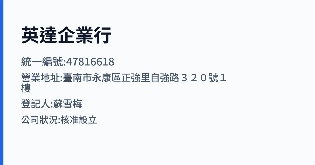 英達企業行 - 統編 47816618(臺南市) 公司登記資料與營業項目詳細圖表