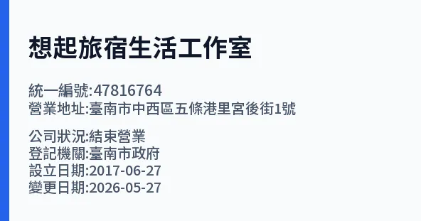 想起旅宿生活工作室的照片-統編 47816764(臺南市) 公司登記資料與營業項目詳細圖表