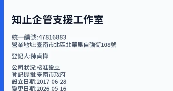 知止企管支援工作室的照片-統編 47816883(臺南市) 公司登記資料與營業項目詳細圖表