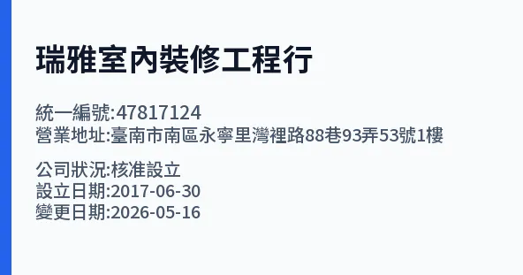 瑞雅室內裝修工程行的照片-統編 47817124(臺南市) 公司登記資料與營業項目詳細圖表