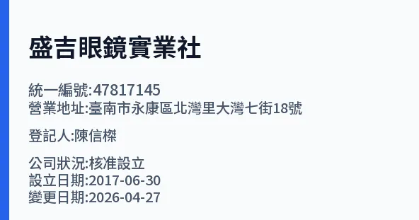 盛吉眼鏡實業社的照片-統編 47817145(臺南市) 公司登記資料與營業項目詳細圖表