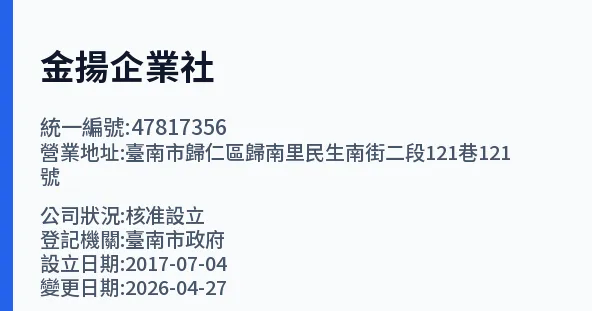 金揚企業社的照片-統編 47817356(臺南市) 公司登記資料與營業項目詳細圖表