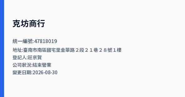 克坊商行的照片-統編 47818019(臺南市) 公司登記資料與營業項目詳細圖表