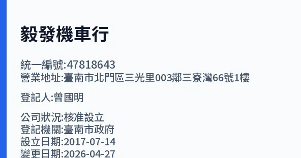 毅發機車行的照片-統編 47818643(臺南市) 公司登記資料與營業項目詳細圖表