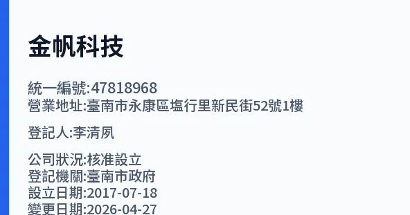 金帆科技的照片-統編 47818968(臺南市) 公司登記資料與營業項目詳細圖表