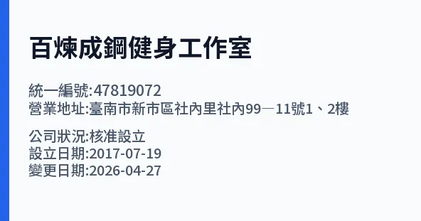 百煉成鋼健身工作室的照片-統編 47819072(臺南市) 公司登記資料與營業項目詳細圖表