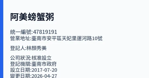 阿美螃蟹粥的照片-統編 47819191(臺南市) 公司登記資料與營業項目詳細圖表