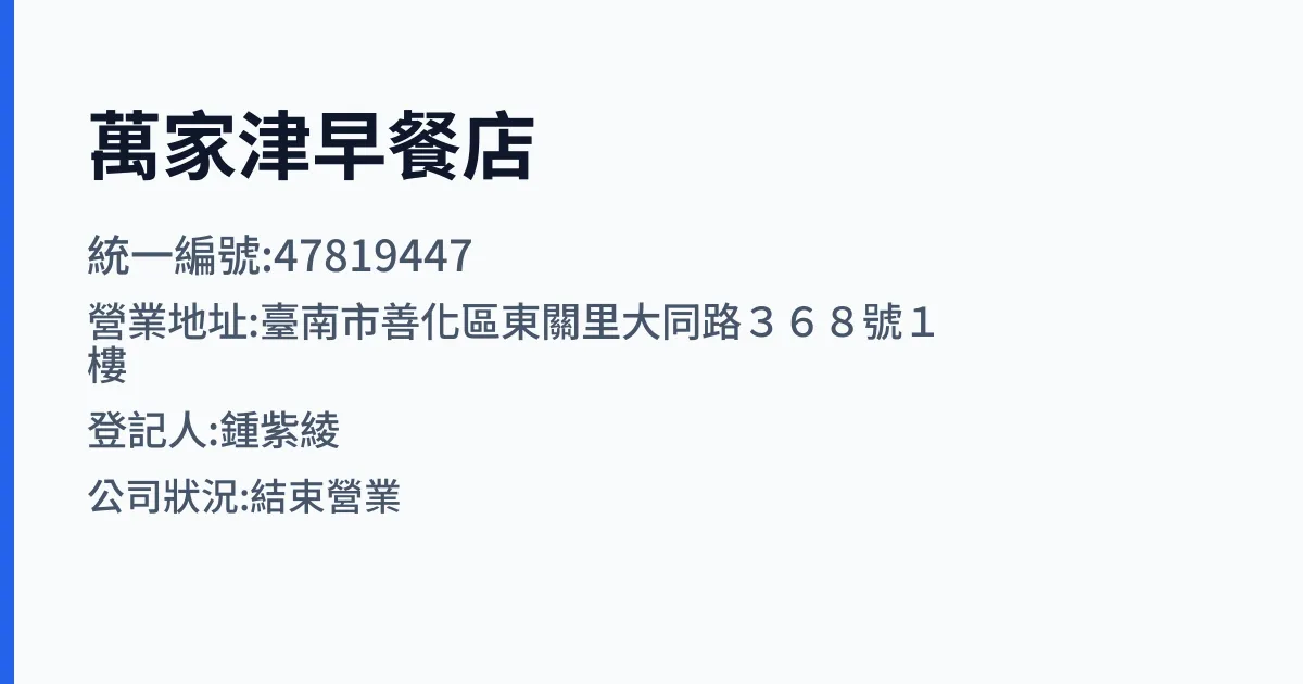 萬家津早餐店 - 統編 47819447(臺南市) 公司登記資料與營業項目詳細圖表