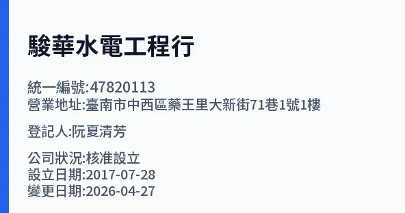 駿華水電工程行的照片-統編 47820113(臺南市) 公司登記資料與營業項目詳細圖表