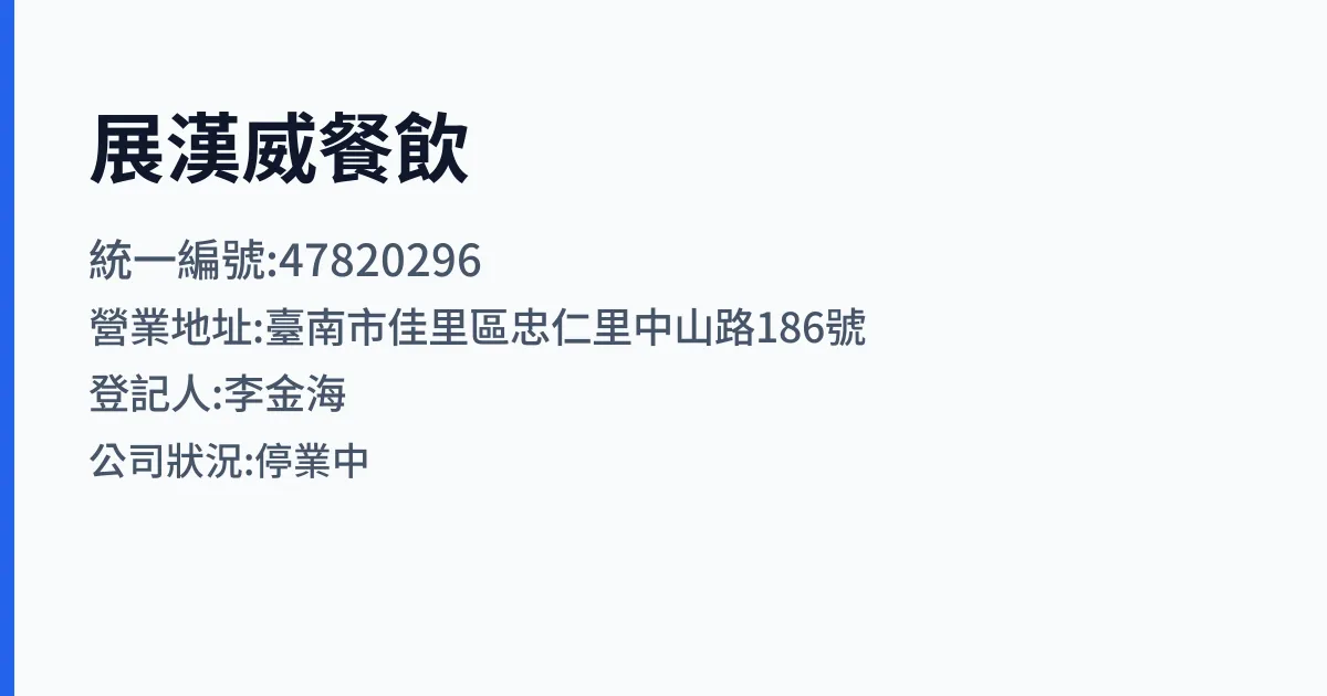 展漢威餐飲 - 統編 47820296(臺南市) 公司登記資料與營業項目詳細圖表