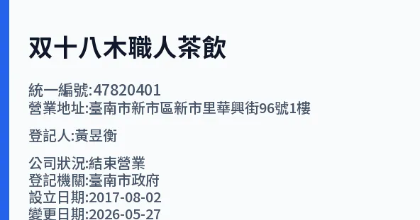 双十八木職人茶飲的照片-統編 47820401(臺南市) 公司登記資料與營業項目詳細圖表