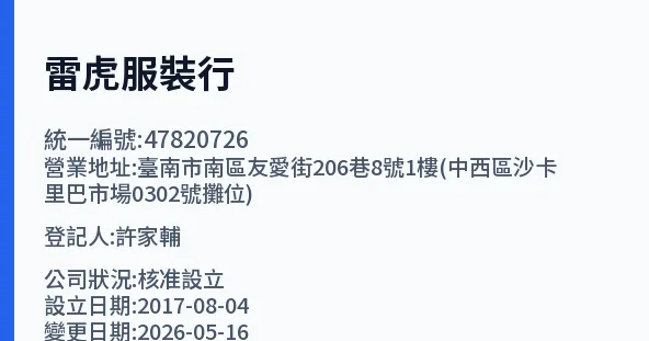 雷虎服裝行的照片-統編 47820726(臺南市) 公司登記資料與營業項目詳細圖表