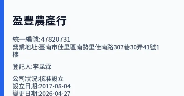 盈豐農產行的照片-統編 47820731(臺南市) 公司登記資料與營業項目詳細圖表