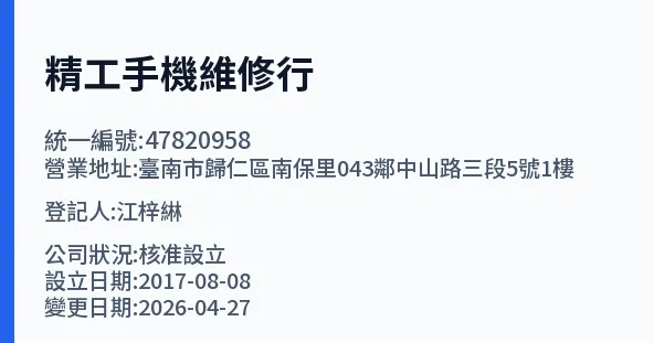 精工手機維修行的照片-統編 47820958(臺南市) 公司登記資料與營業項目詳細圖表