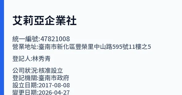 艾莉亞企業社的照片-統編 47821008(臺南市) 公司登記資料與營業項目詳細圖表