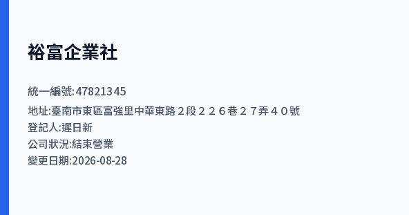 裕富企業社的照片-統編 47821345(臺南市) 公司登記資料與營業項目詳細圖表