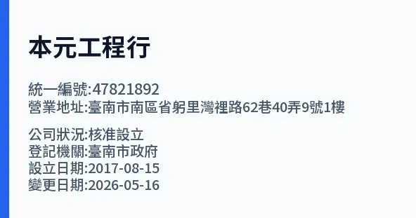 本元工程行的照片-統編 47821892(臺南市) 公司登記資料與營業項目詳細圖表