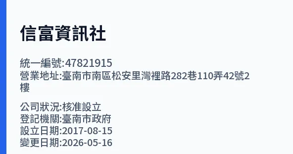 信富資訊社的照片-統編 47821915(臺南市) 公司登記資料與營業項目詳細圖表