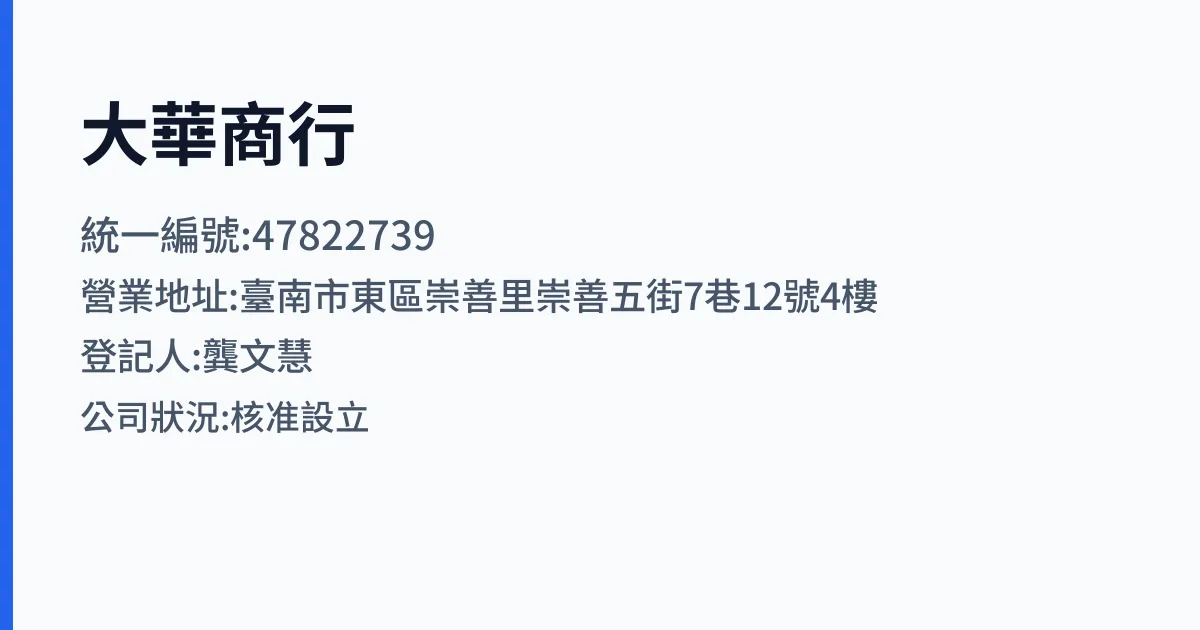 大華商行 - 統編 47822739(臺南市) 公司登記資料與營業項目詳細圖表