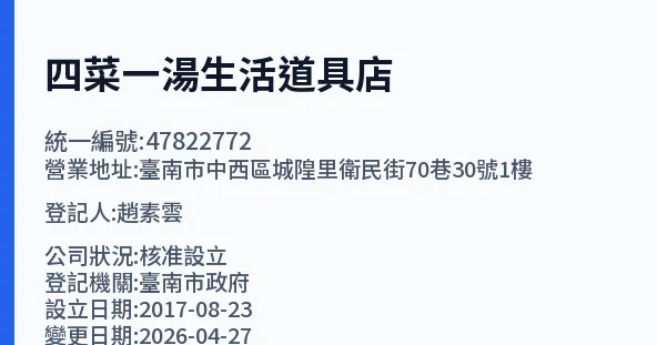 四菜一湯生活道具店的照片-統編 47822772(臺南市) 公司登記資料與營業項目詳細圖表