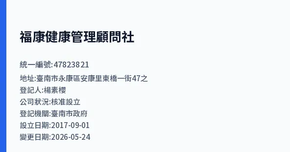 福康健康管理顧問社的照片-統編 47823821(臺南市) 公司登記資料與營業項目詳細圖表