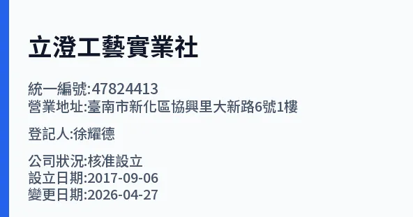 立澄工藝實業社的照片-統編 47824413(臺南市) 公司登記資料與營業項目詳細圖表
