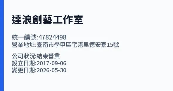 達浪創藝工作室的照片-統編 47824498(臺南市) 公司登記資料與營業項目詳細圖表