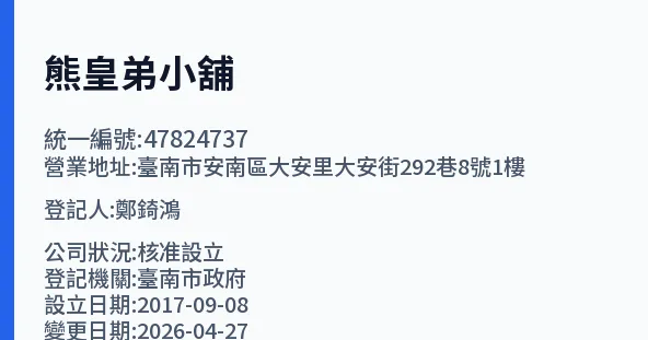 熊皇弟小舖的照片-統編 47824737(臺南市) 公司登記資料與營業項目詳細圖表