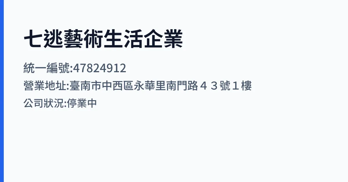 七逃藝術生活企業 - 統編 47824912(臺南市) 公司登記資料與營業項目詳細圖表