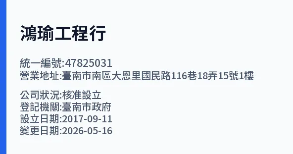 鴻瑜工程行的照片-統編 47825031(臺南市) 公司登記資料與營業項目詳細圖表