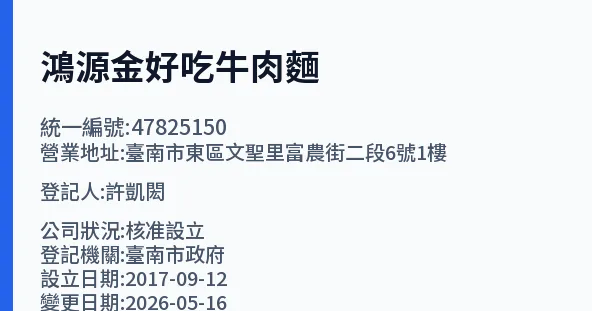 鴻源金好吃牛肉麵的照片-統編 47825150(臺南市) 公司登記資料與營業項目詳細圖表