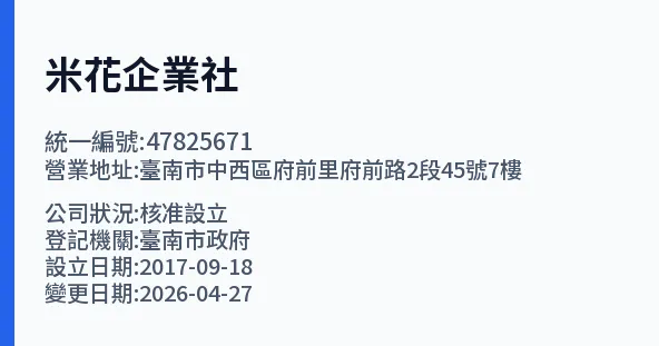 米花企業社的照片-統編 47825671(臺南市) 公司登記資料與營業項目詳細圖表