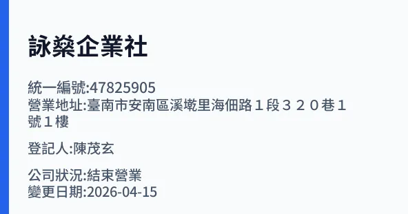 詠燊企業社的照片-統編 47825905(臺南市) 公司登記資料與營業項目詳細圖表
