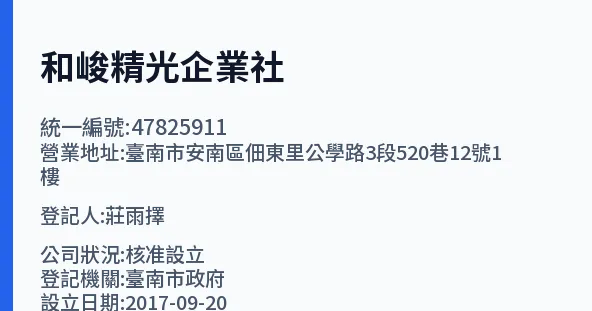 和峻精光企業社的照片-統編 47825911(臺南市) 公司登記資料與營業項目詳細圖表
