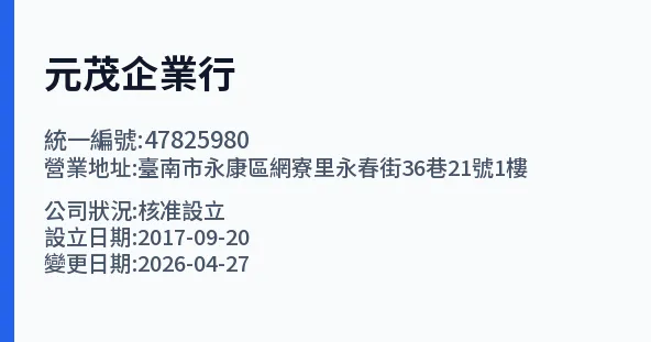 元茂企業行的照片-統編 47825980(臺南市) 公司登記資料與營業項目詳細圖表