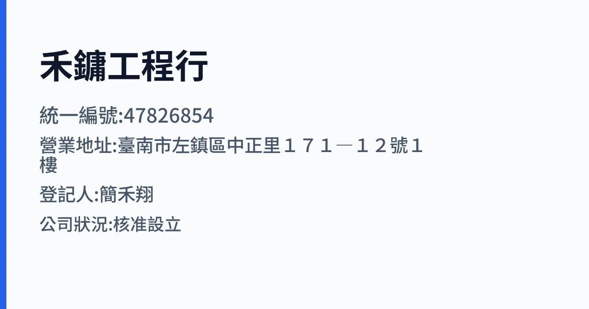 禾鏞工程行 - 統編 47826854(臺南市) 公司登記資料與營業項目詳細圖表