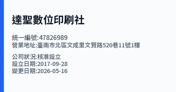 達聖數位印刷社的照片-統編 47826989(臺南市) 公司登記資料與營業項目詳細圖表