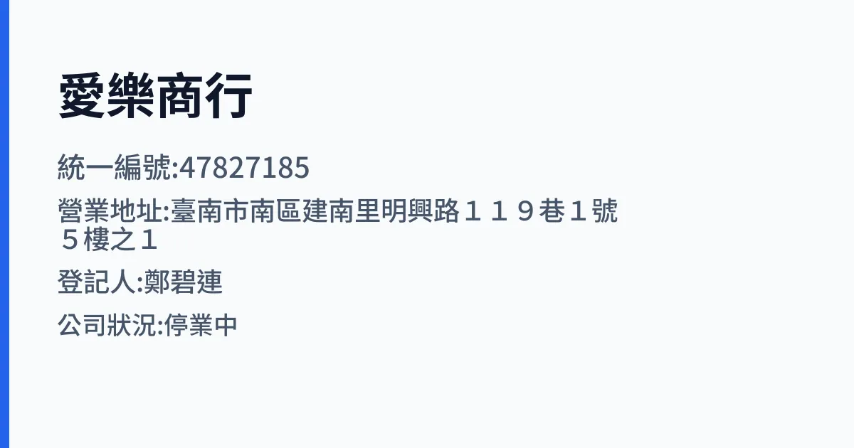 愛樂商行 - 統編 47827185(臺南市) 公司登記資料與營業項目詳細圖表