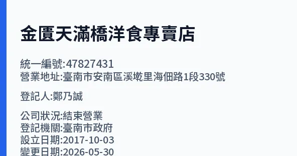 金匱天滿橋洋食專賣店的照片-統編 47827431(臺南市) 公司登記資料與營業項目詳細圖表