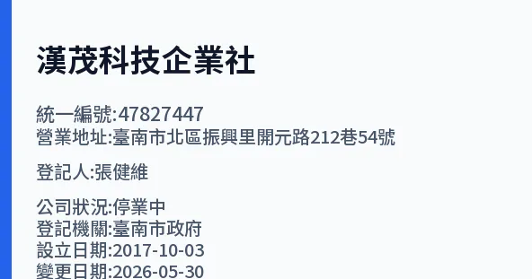 漢茂科技企業社的照片-統編 47827447(臺南市) 公司登記資料與營業項目詳細圖表