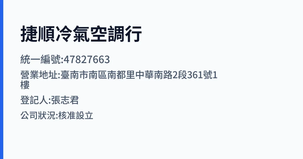 捷順冷氣空調行 - 統編 47827663(臺南市) 公司登記資料與營業項目詳細圖表