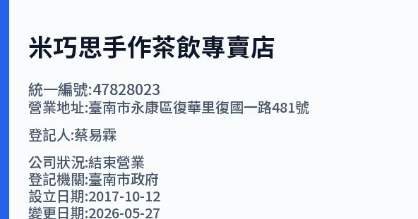 米巧思手作茶飲專賣店的照片-統編 47828023(臺南市) 公司登記資料與營業項目詳細圖表
