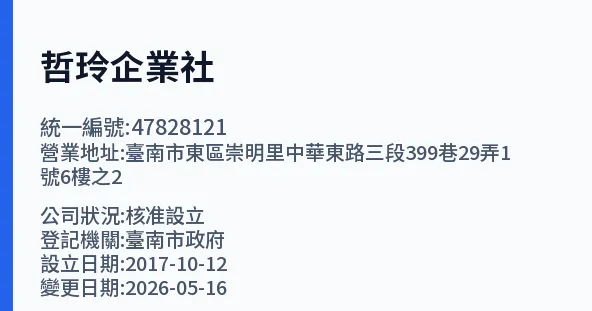 哲玲企業社的照片-統編 47828121(臺南市) 公司登記資料與營業項目詳細圖表